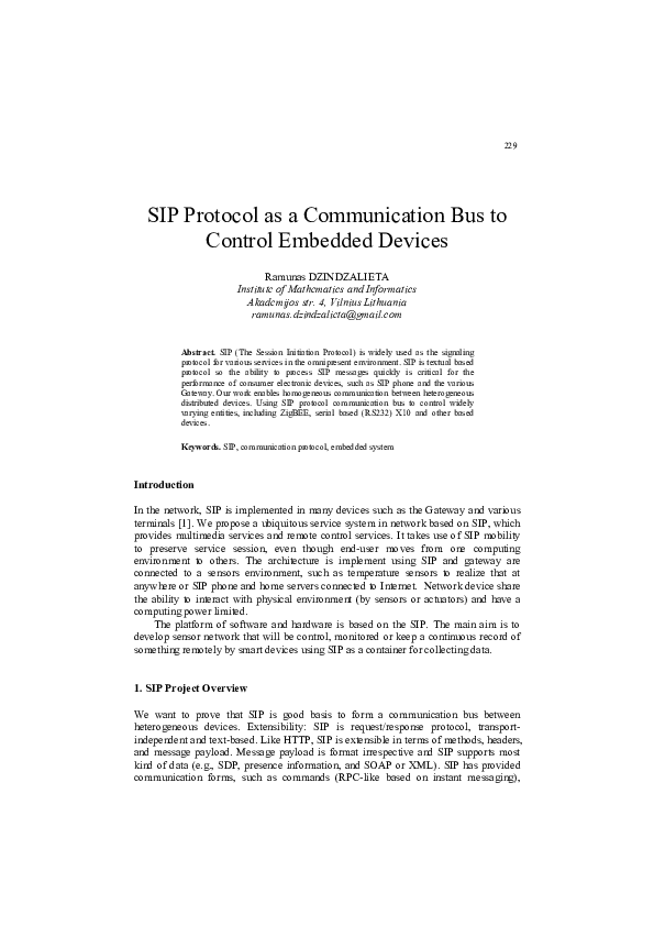 (PDF) SIP Protocol as a Communication Bus to Control Embedded Devices