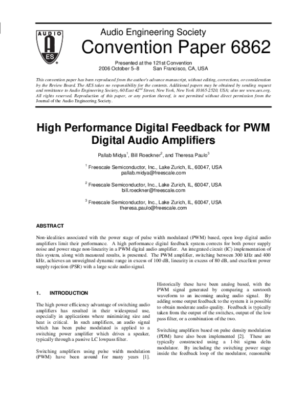 (PDF) High Performance Digital Feedback for PWM Digital Audio Amplifiers