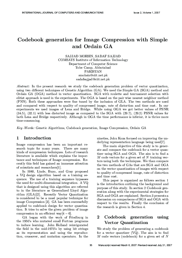 (PDF) Codebook generation for Image Compression with Simple and Ordain GA | Sadaf Sajjad ...