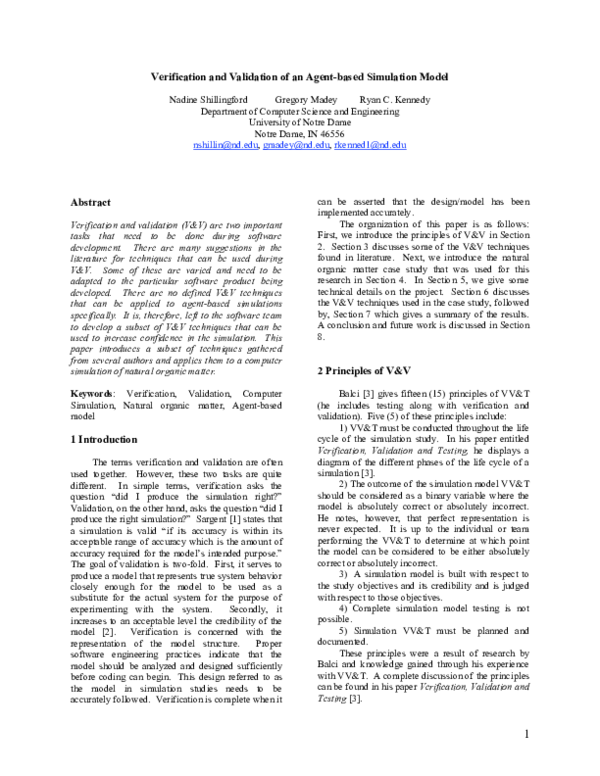 Pdf 1 Verification And Validation Of An Agent Based Simulation Model