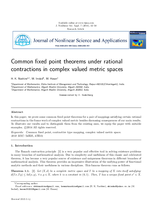 Pdf Common Fixed Point Theorems Under Rational Contractions In Complex Valued Metric Spaces