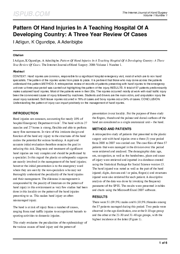 (PDF) Pattern Of Hand Injuries In A Teaching Hospital Of A Developing ...