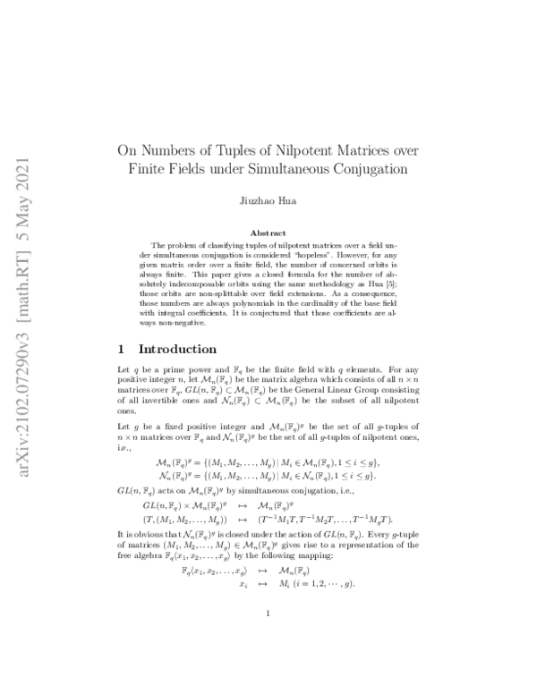(PDF) On Numbers of Tuples of Nilpotent Matrices over Finite Fields ...