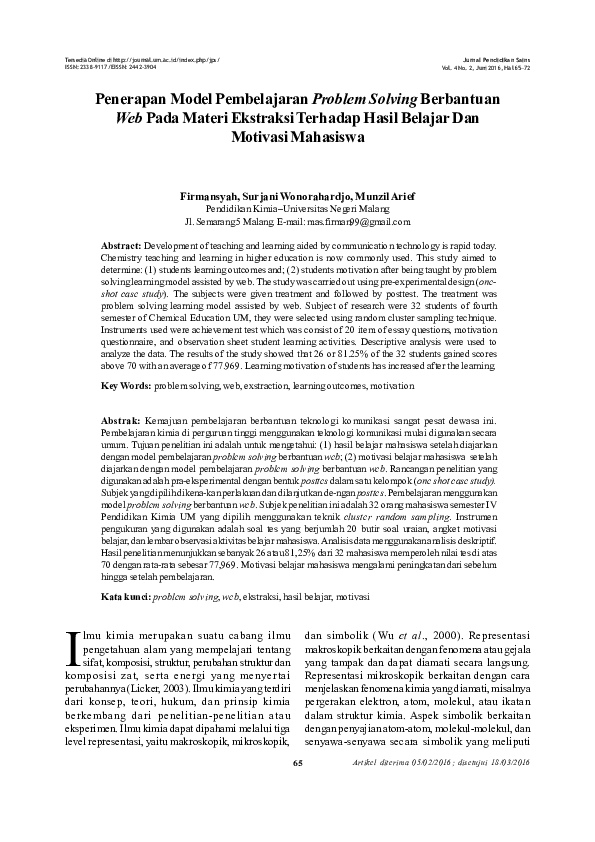 (PDF) Penerapan Model Pembelajaran Problem Solving Berbantuan Web Pada Materi Ekstraksi Terhadap ...
