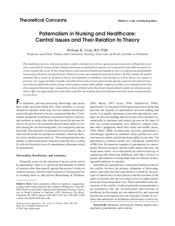 (PDF) Paternalism in Nursing and Healthcare: Central Issues and their ...