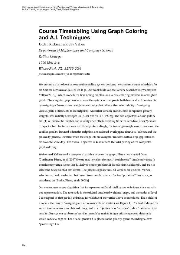 (PDF) Course Timetabling Using Graph Coloring and A.I. Techniques