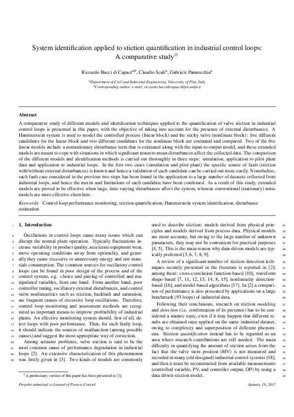 (PDF) System identification applied to stiction quantification in industrial control loops: A ...