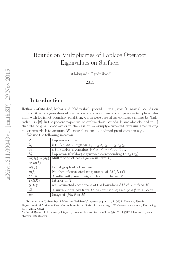 (PDF) Bounds on multiplicities of Laplace operator eigenvalues on surfaces