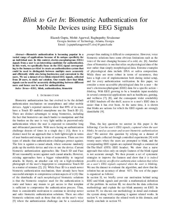 Pdf Blink To Get In Biometric Authentication For Mobile Devices Using Eeg Signals