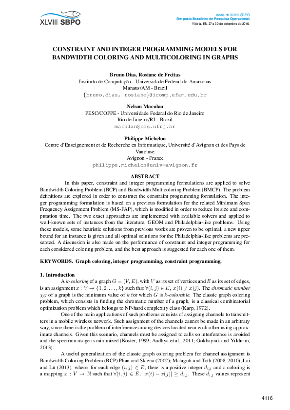 (PDF) Constraint and Integer Programming Models for Bandwidth Coloring and Multicoloring in Graphs