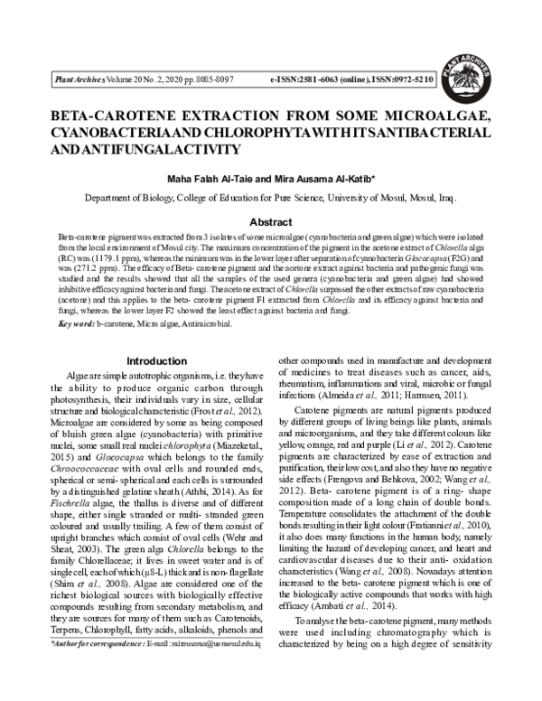(PDF) Beta-Carotene Extraction from Some Microalgae, Cyanobacteria and Chlorophyta with Its ...