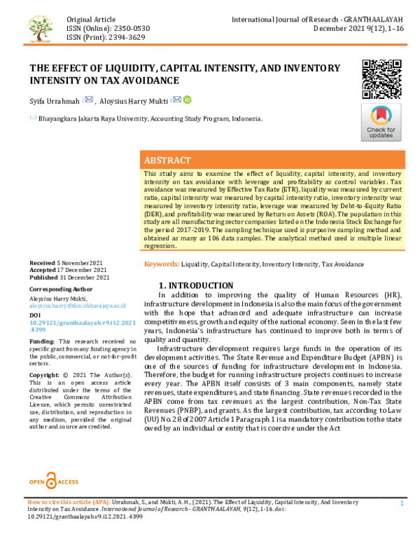 (PDF) The Effect of Liquidity, Capital Intensity, and Inventory Intensity on Tax Avoidance