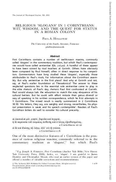 (PDF) Religious "Slogans" in 1 Corinthians: Wit, Wisdom, and the Quest ...