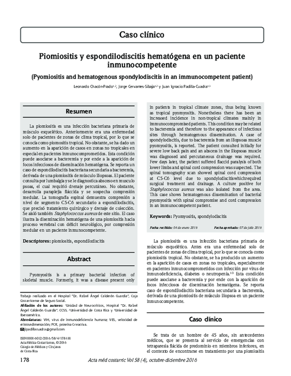 (PDF) Piomiositis y espondilodiscitis hematógena en un paciente ...