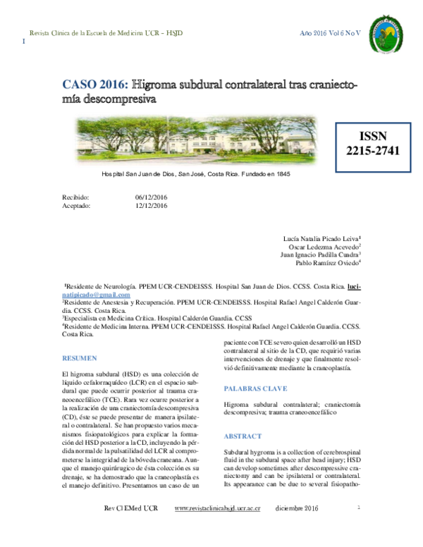 (PDF) Higroma subdural contralateral tras craniectomía descompresiva