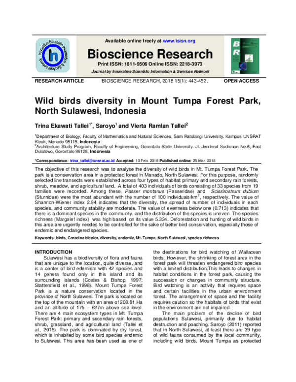 (PDF) Wild birds diversity in Mount Tumpa Forest Park , North Sulawesi ...