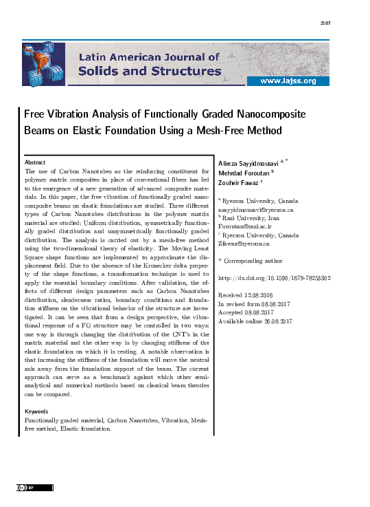 Pdf Free Vibration Analysis Of Functionally Graded Nanocomposite Beams On Elastic Foundation