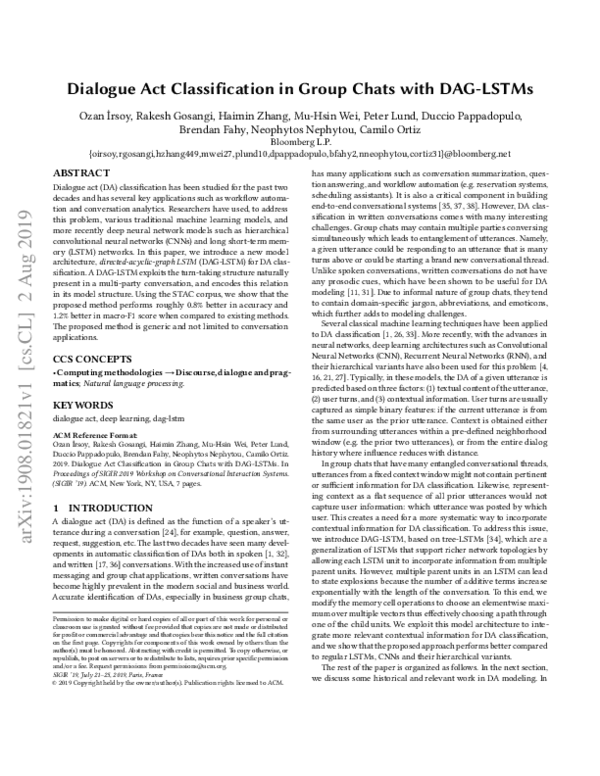 (PDF) Dialogue Act Classification in Group Chats with DAG-LSTMs