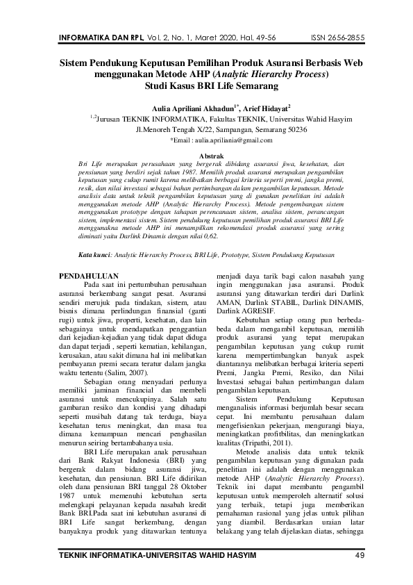 (PDF) Sistem Pendukung Keputusan Pemilihan Produk Asuransi Berbasis Web menggunakan Metode AHP ...