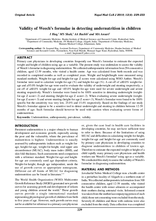 (PDF) Validity of Weech's formulae in detecting undernutrition in children