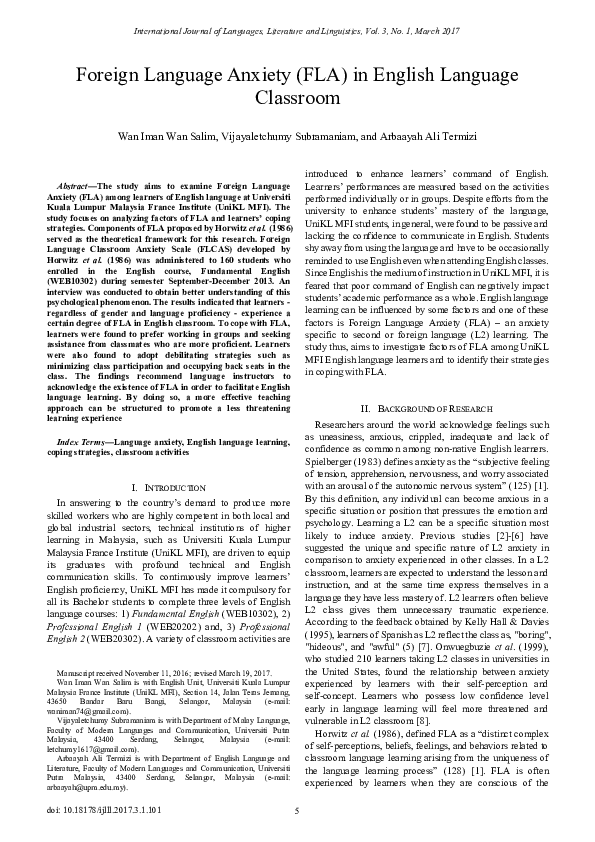 (PDF) Foreign Language Anxiety (FLA) in English Language Classroom
