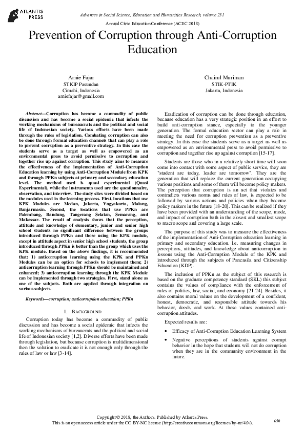 (PDF) Prevention of Corruption through Anti-Corruption Education