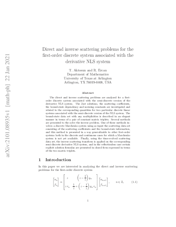 (PDF) Direct and inverse scattering problems for the first‐order discrete system associated with ...