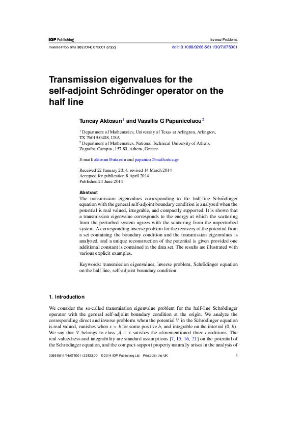 (PDF) Transmission eigenvalues for the self-adjoint Schrödinger operator on the half line