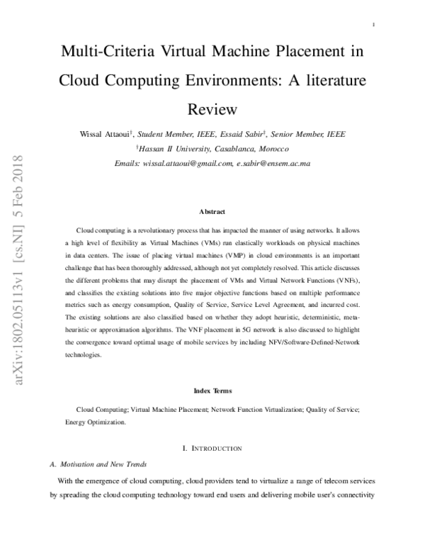 (PDF) Multi-Criteria Virtual Machine Placement in Cloud Computing Environments: A literature Review
