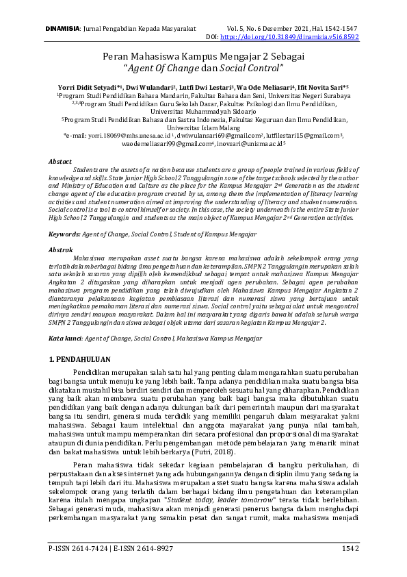 (PDF) Peran Mahasiswa Kampus Mengajar 2 Sebagai “Agent Of Change dan Social Control” | Ifit ...