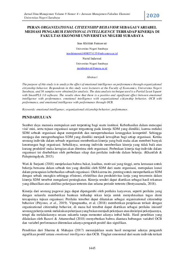 (PDF) Peran Organizational Citizenship Behavior sebagai Variabel Mediasi Pengaruh Emotional ...