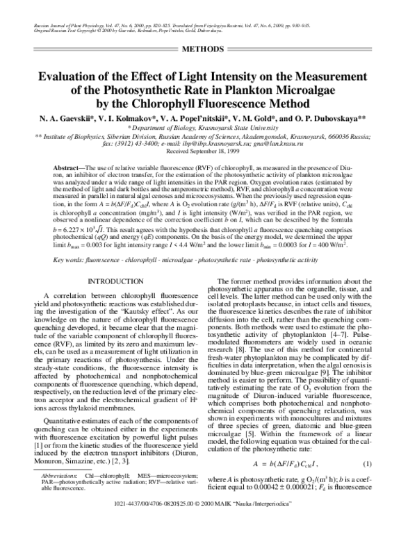 (PDF) Evaluation of the Effect of Light Intensity on the Measurement of the Photosynthetic Rate ...