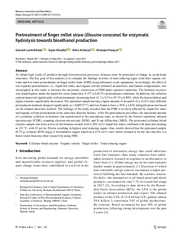 (PDF) Pretreatment of finger millet straw (Eleusine coracana) for ...