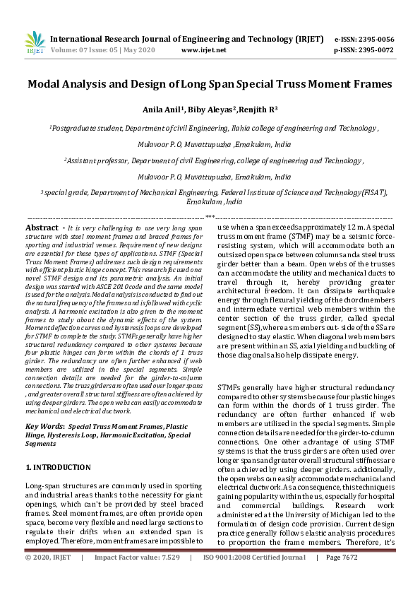 (PDF) Modal Analysis and Design of Long Span Special Truss Moment Frames