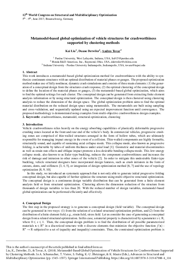 (PDF) Metamodel-Based Global Optimization of Vehicle Structures for Crashworthiness Supported by ...