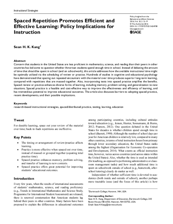 (PDF) Spaced Repetition Promotes Efficient and Effective Learning