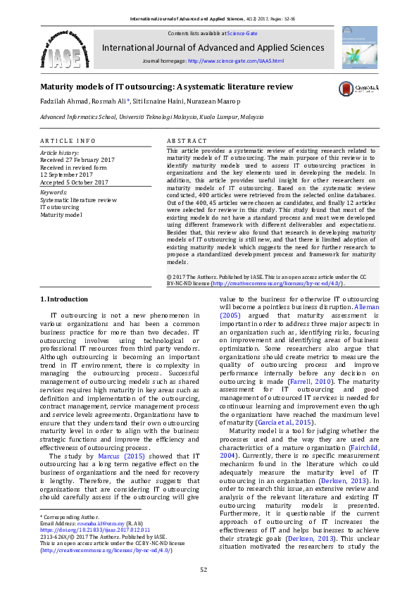 (PDF) Maturity models of IT outsourcing: A systematic literature review