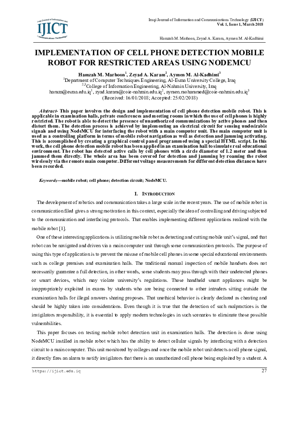 Pdf Implementation Of Cell Phone Detection Mobile Robot For Restricted Areas Using Nodemcu