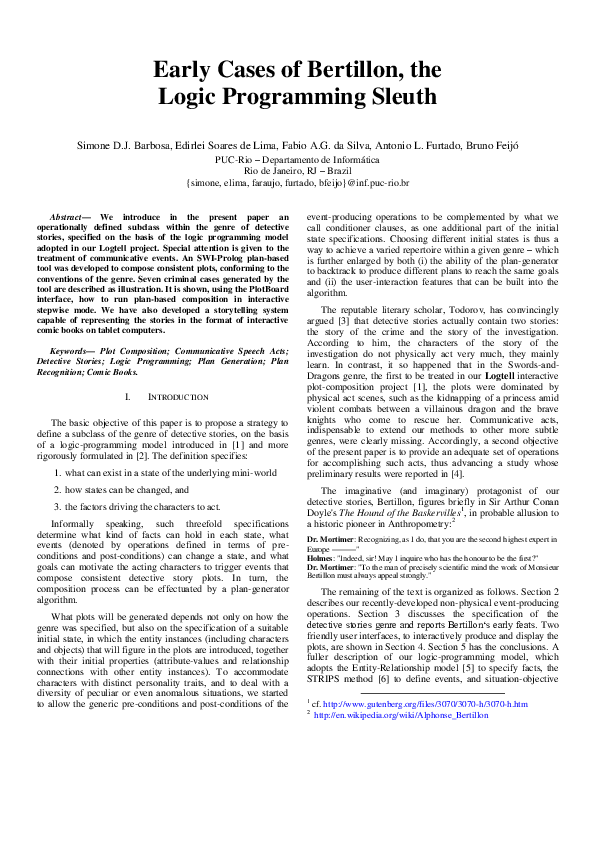 (PDF) Early Cases of Bertillon, the Logic Programming Sleuth