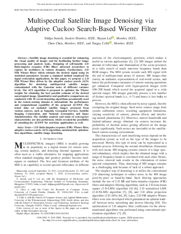 (PDF) Multispectral Satellite Image Denoising via Adaptive Cuckoo Search-Based Wiener Filter