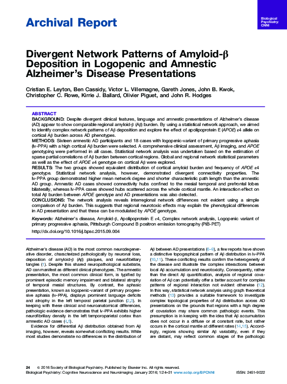 (PDF) Divergent network patterns of Amyloid-β deposition in logopenic and typical AD presentations
