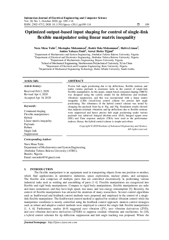 Pdf Optimized Output Based Input Shaping For Control Of Single Link