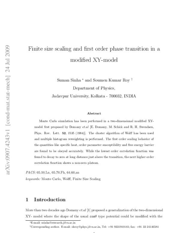 Pdf Finite Size Scaling And First Order Phase Transition In A Modified Xy Model