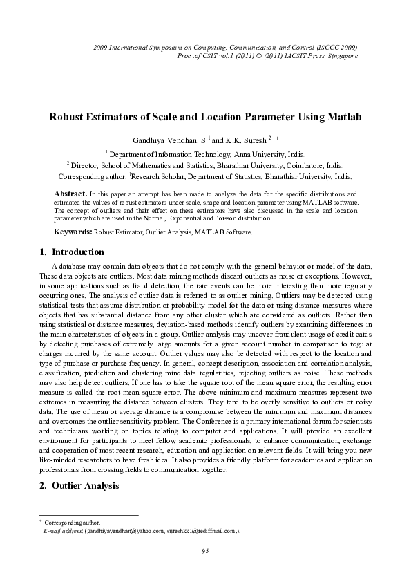 Pdf Robust Estimators Of Scale And Location Parameter Using Matlab