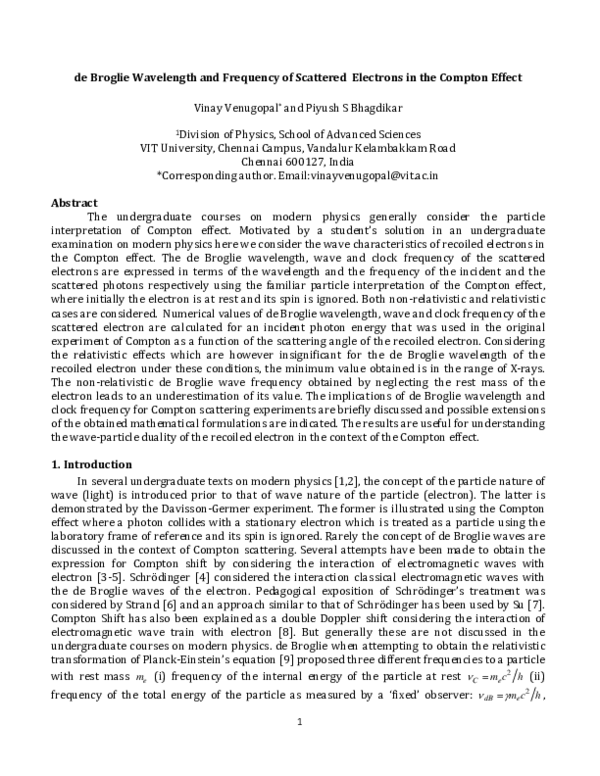 (PDF) de Broglie Wavelength and Frequency of the Scattered Electrons in Compton Effect