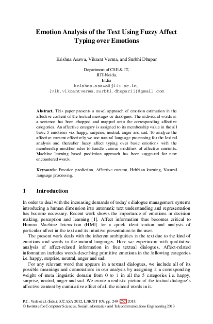 (PDF) Emotion Analysis of the Text Using Fuzzy Affect Typing over Emotions