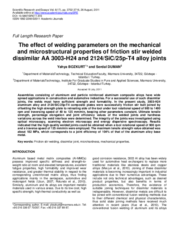 (PDF) Effect of welding parameters on mechanical and microstructural properties of AA6082 joints ...
