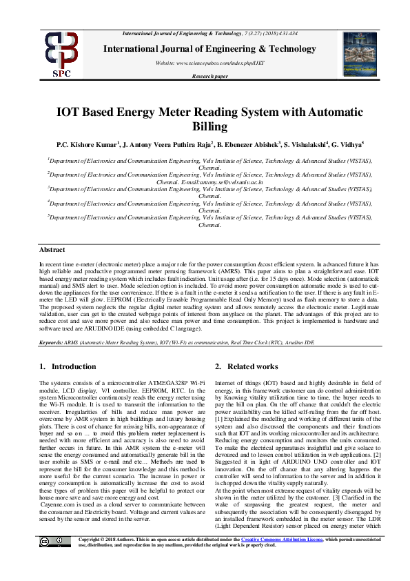 Pdf Iot Based Energy Meter Reading System With Automatic Billing