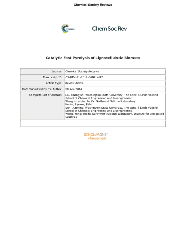 (PDF) Catalytic fast pyrolysis of lignocellulosic biomass: from lab ...