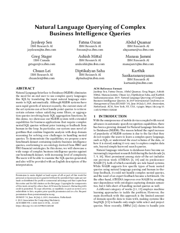 (PDF) Natural Language Querying of Complex Business Intelligence Queries